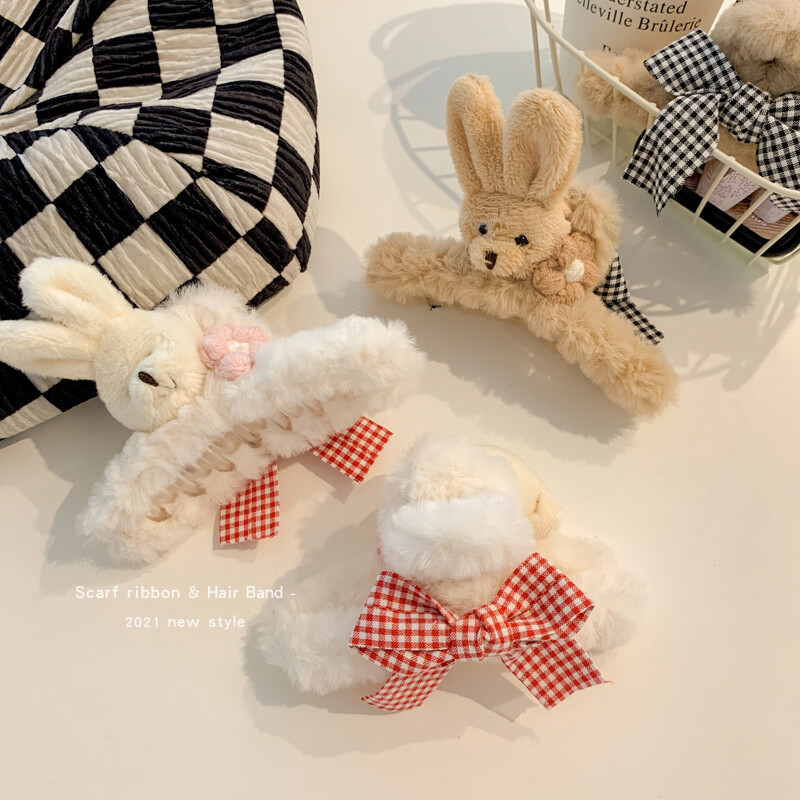 Hair Clip Fluffy Shark Clip Bear Bowknot Plush Cartoon Rabbit Ear Crab ...