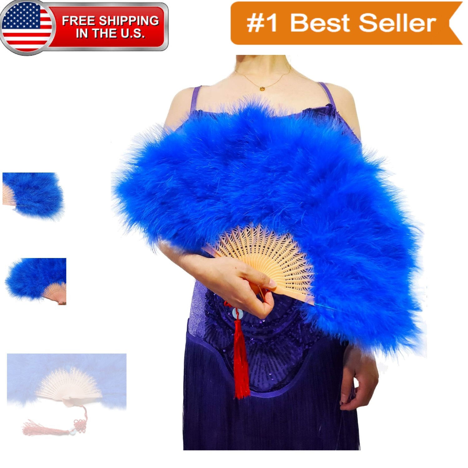 Luxurious Royal Blue Feather Fan - 20" Foldable Vinta… - Gem