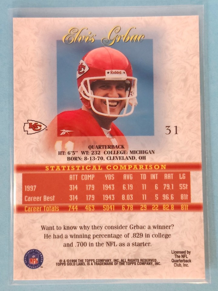 1998 Topps Gold Label Elvis Grbac Kansas City Chiefs #31 🏈 | eBay