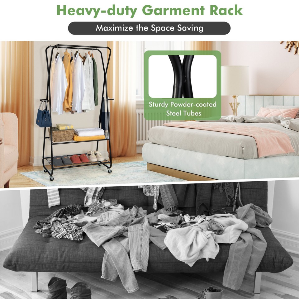 Heavy Duty Double Rail Garment Rack Clothes Rack on Wheels / Shelves ...