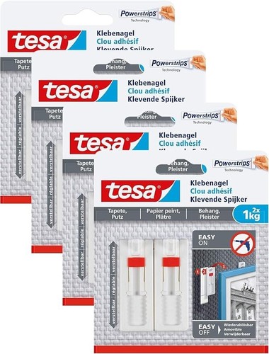 TESA POWERSTRIPS 2X1KG ADHESIVE NAIL ADJUSTABLE HOLDS OBJECTS UP TO 1kg ...