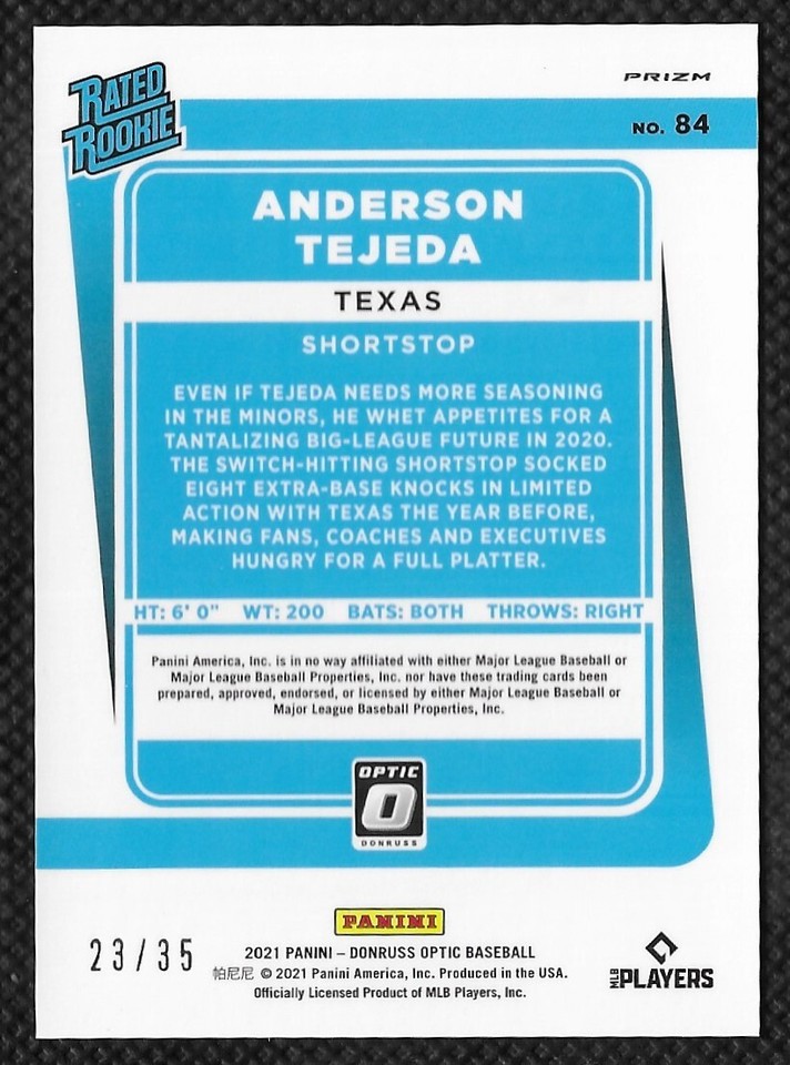 Anderson Tejada 2021 Donruss Optic Blue Velocity Rookie Prizm #84 /35 ...