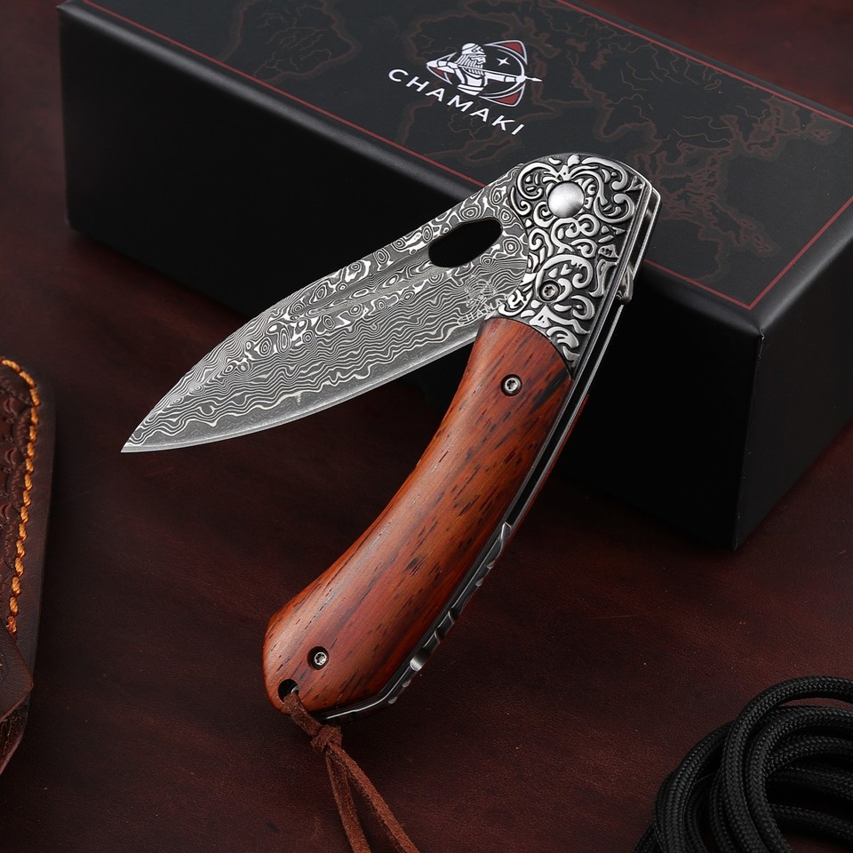 Chamaki Damascuse Folding Knife Sandelwood Handle Razor Sharp EDC ...