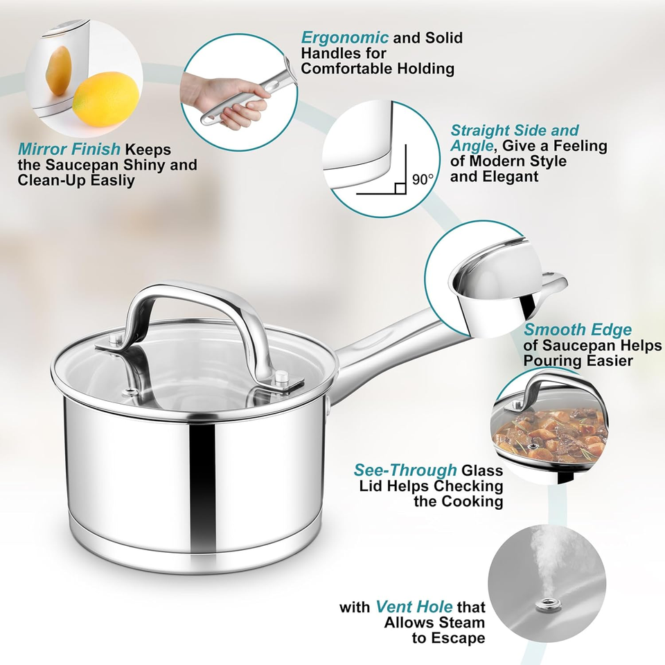 Stainless Steel Saucepan 1Qt Small Pot W/ Lid Tri Ply Induction Safe ...