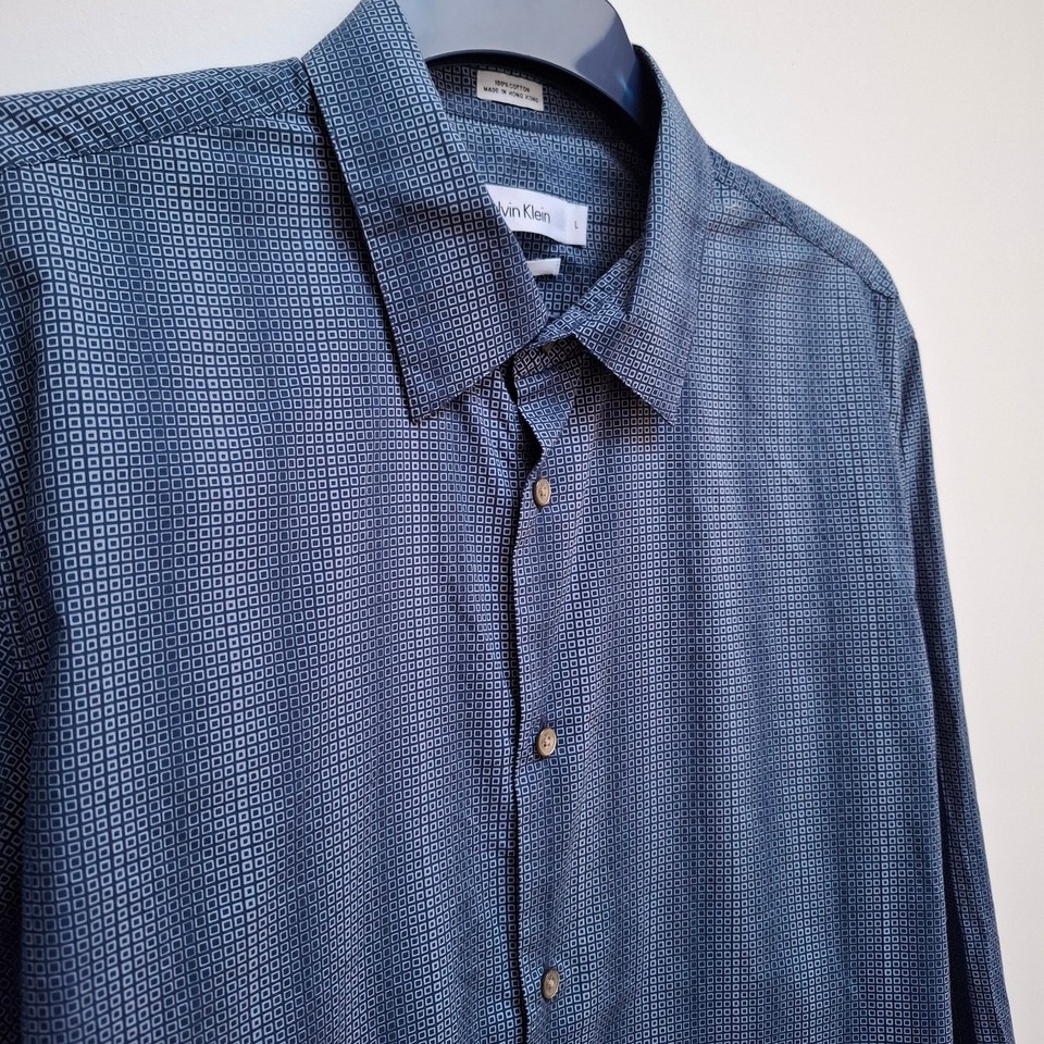 mens shirt long sleeve large blue pattern calvin klein 100% Cotton ...