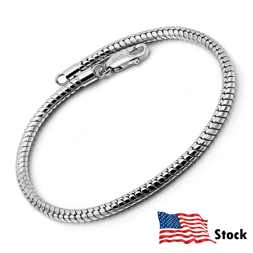 Real 925 Sterling Silver Round Snake Chain Bracelet 6.3-7 Inch for ...