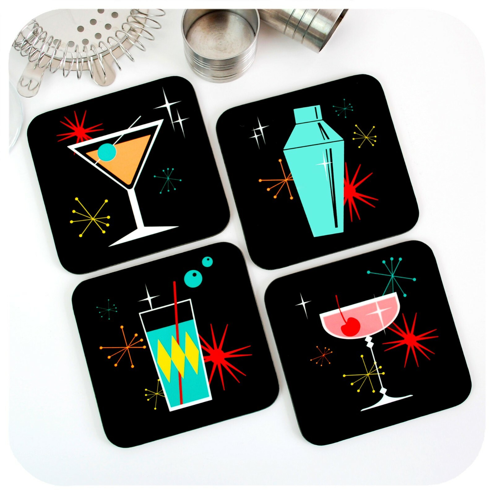Retro Cocktails Coasters, Set of 4 Party Coasters, 50's Atomic style ...