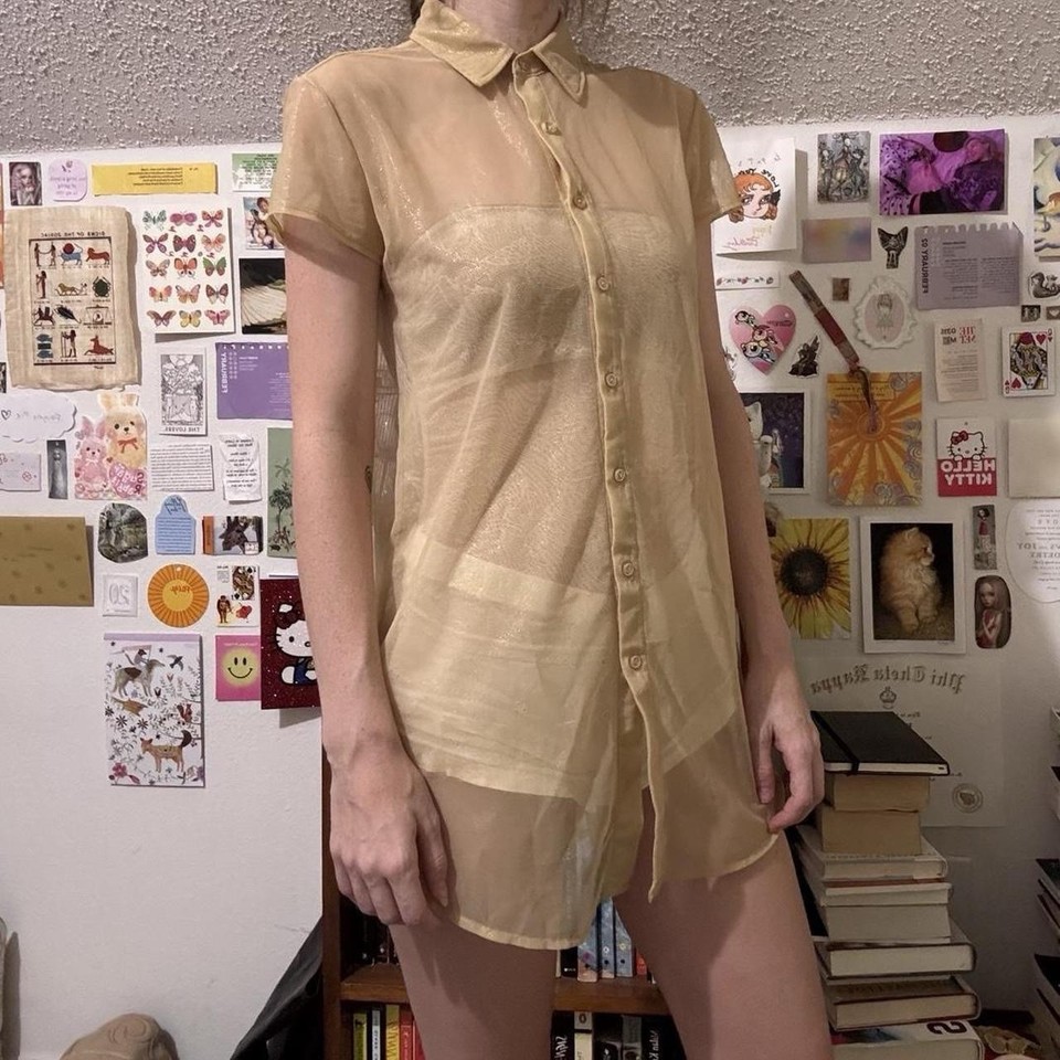 American Apparel Cali Sun & Fun Sparkly Golden Button Up Dress/Shirt | eBay