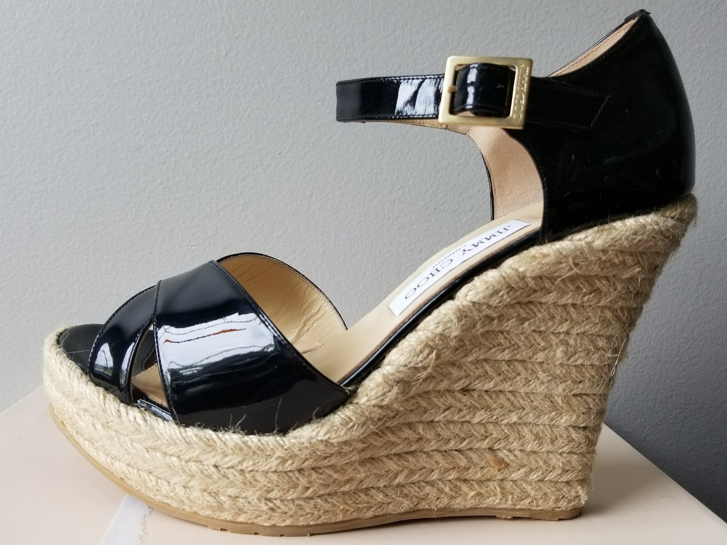 Jimmy Choo PALLIS Black Patent Gold Logo Espadrille Wedges EU 40 9 I ...