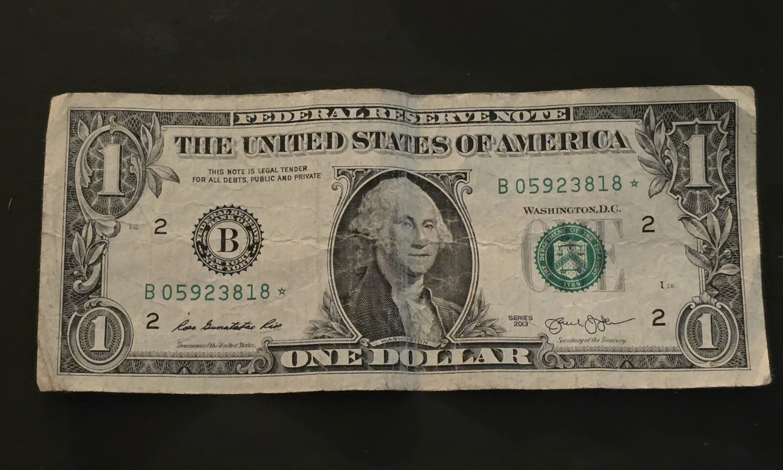 2013 $1 Dollar Star Note Serial Number B05923818* New York Rare ...