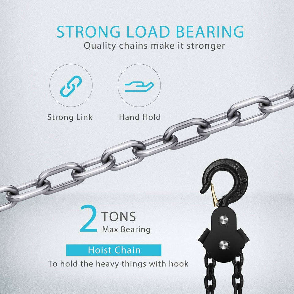 Hand Chain Hoist 2 Ton 4400 Lbs Capacity 10 Feet with 2 Heavy Duty ...
