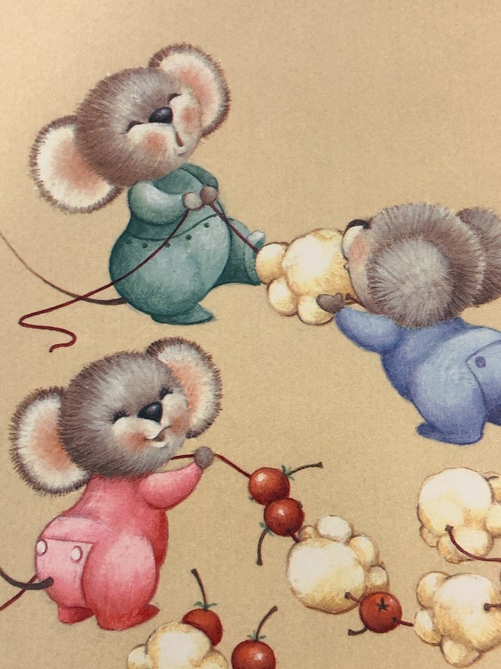 Vintage Hallmark Christmas Card Mouse Mice Stringing Popcorn Unused w ...