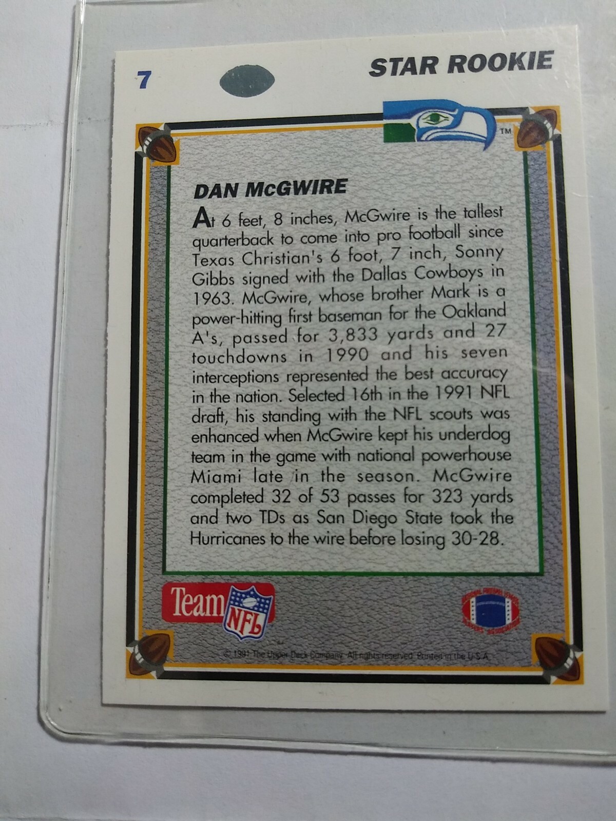 1991 Upper Deck Dan McGwire Football Star Rookie card #7 | eBay