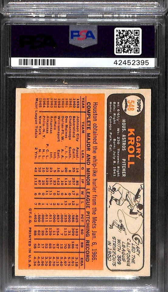 1966 Topps #548 Gary Kroll (Short Print) PSA 8 NM-MT 42452395 | eBay