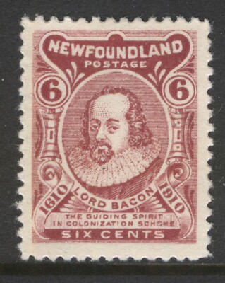 NEWFOUNDLAND 92A 1910 6c CLARET LORD BACON Z NORMAL JOHN GUY ISSUE MPH ...