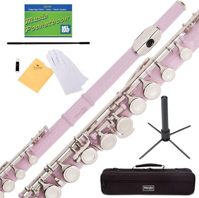 Mendini by Cecilio MFE-PK Nickel Pink Lacquer C Flute Bundle - 16 keys ...