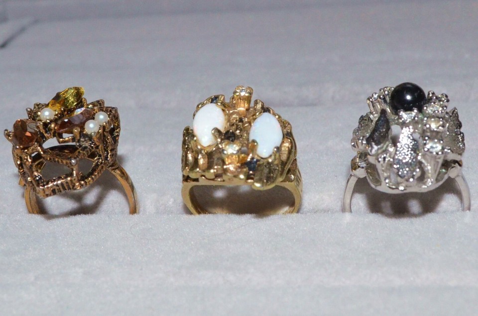 Vintage Modernist Rhinestone Ring Lot Mid Century Brutalist Atomic Era ...