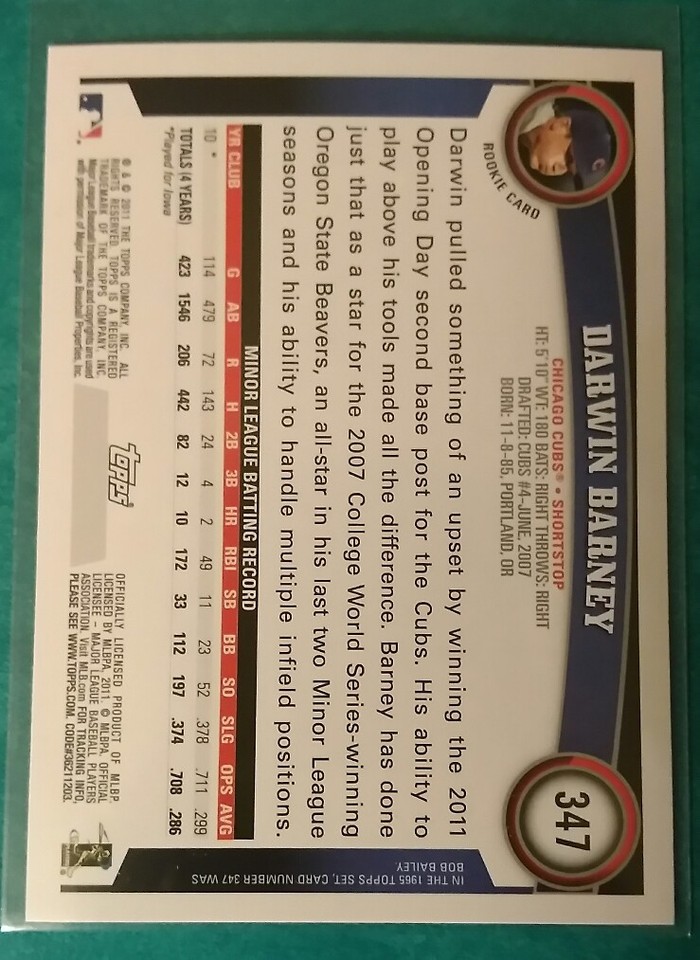 2011 TOPPS DARWIN BARNEY ROOKIE #347 CHICAGO CUBS RC LA DODGERS TOR ...