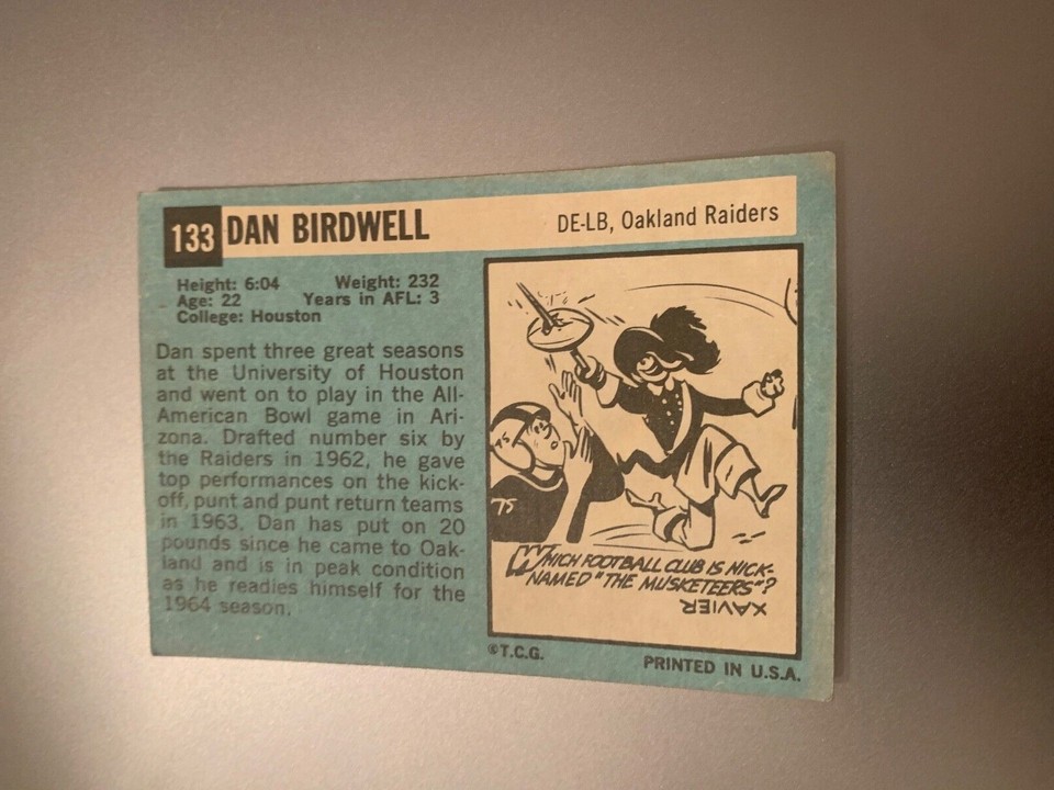 1964 topps football Dan Birdwell ROOKIE CARD# 133 Oakland Raiders DE-LB ...
