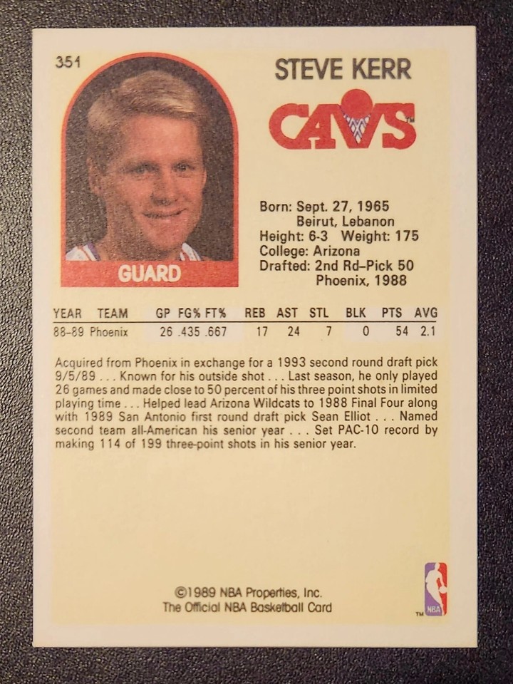 1989 NBA Hoops - STEVE KERR #351 Rookie Card - Cleveland Cavs | eBay