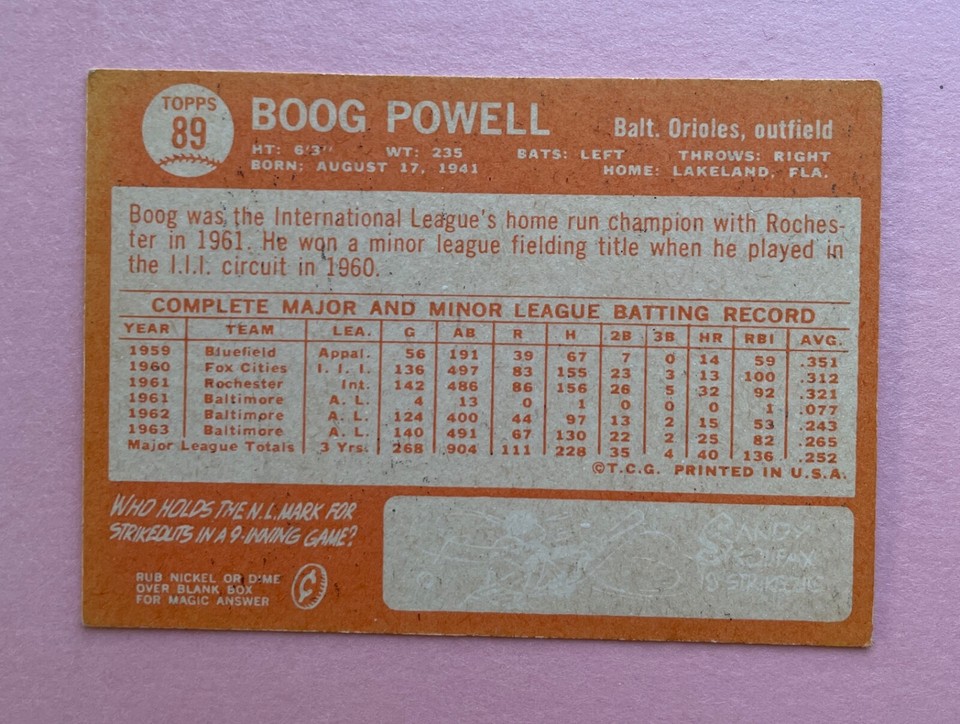 1964 Topps Baseball Boog Powell #89 Baltimore Orioles Vintage Card | eBay