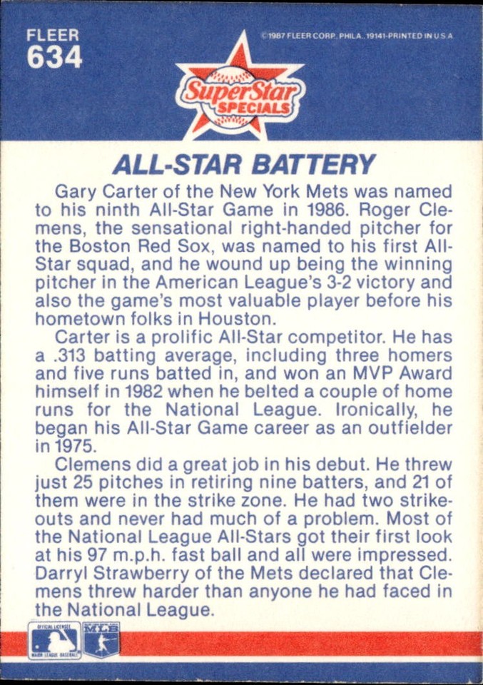 All-Star Battery (Gary Carter / Roger Clemens) 1987 Fleer #634 | eBay