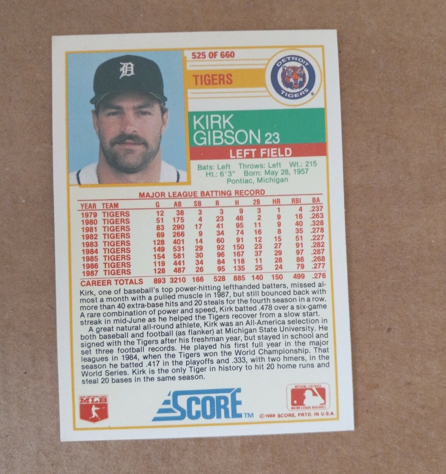1988 Score KIRK GIBSON Baseball Card #525. DETROIT TIGERS. | eBay