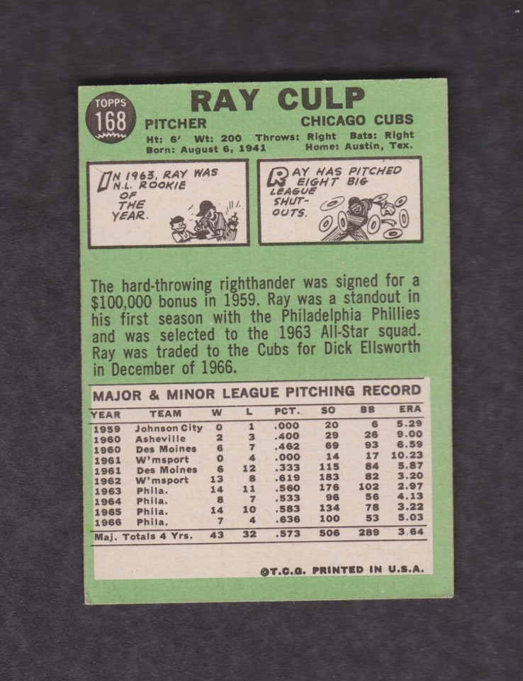 1967 Topps Baseball Card #168 Ray Culp Chicago Cubs EXMT O/C Vintage ...
