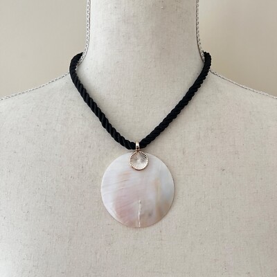 Large Round Mother of Pearl Shell Medallion Pendant Black Rope Choker ...