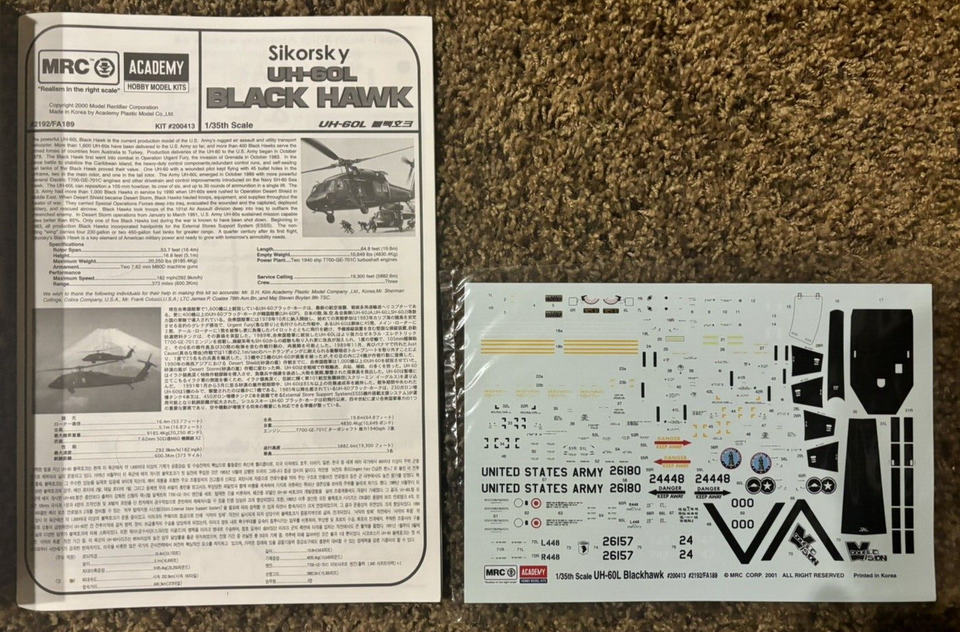 Academy UH-60L Black Hawk Helicopter Model Kit 1/35 Scale Plastic #2192 ...
