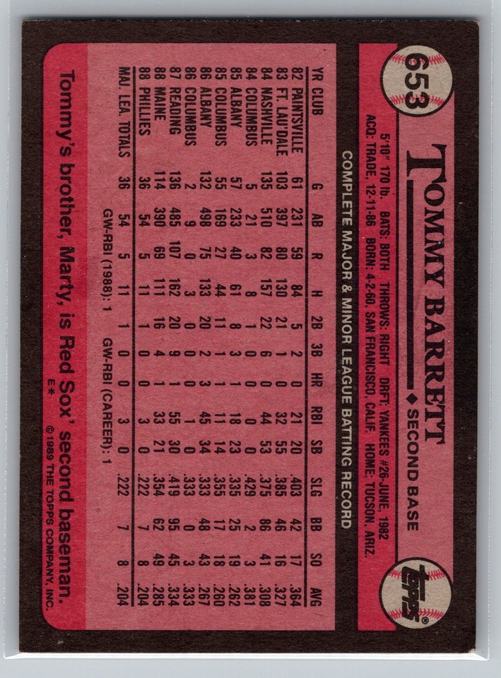 1989 Topps #653 Tommy Barrett Philadelphia Phillies Second Base ...
