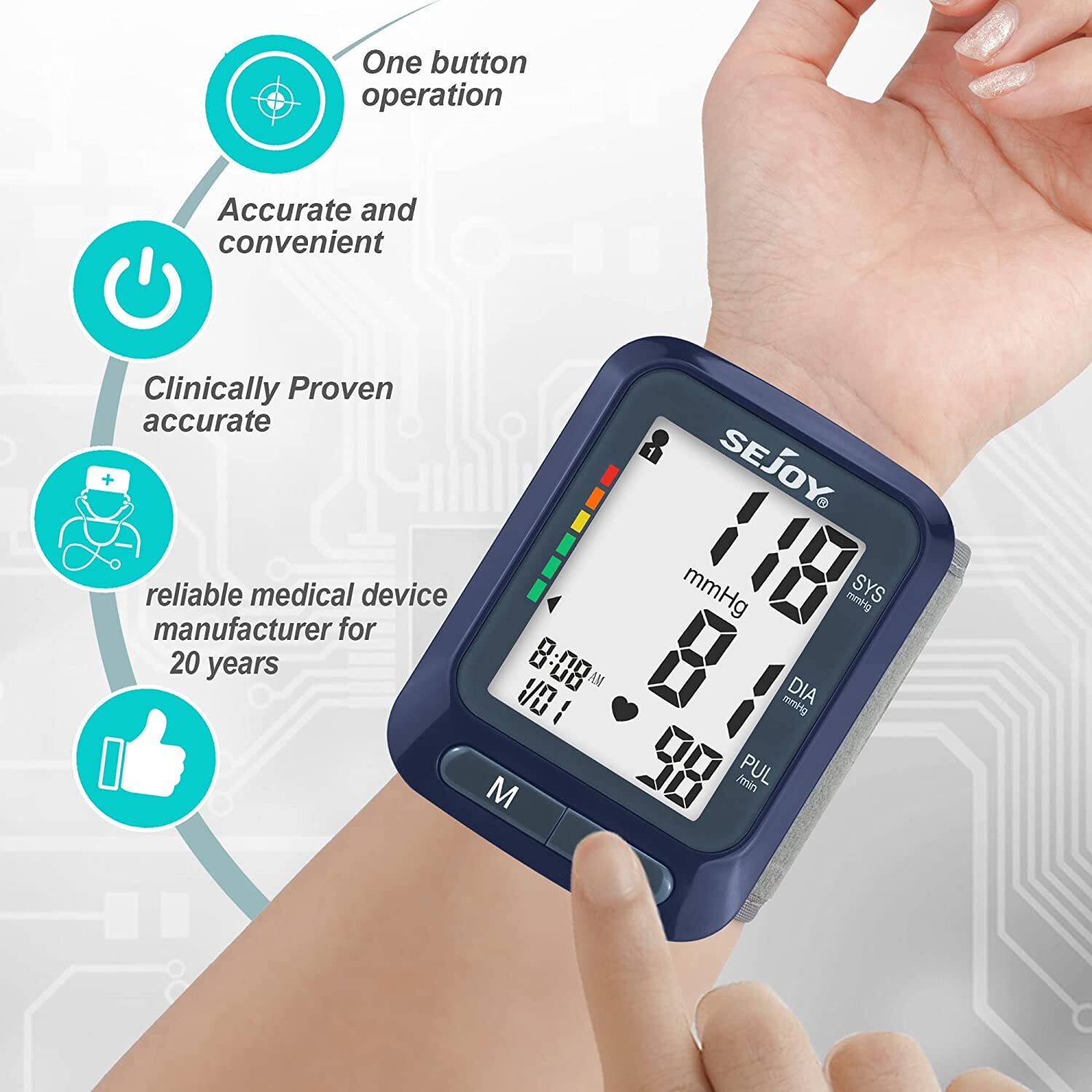 SEJOY Automatic Blood Pressure Monitor Wrist Digital BP Cuff Heart Rate ...