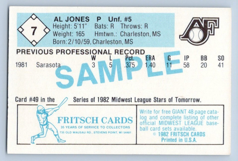 Al Jones 1982 Fritsch Appleton Foxes Sample #7 Midwest League | eBay