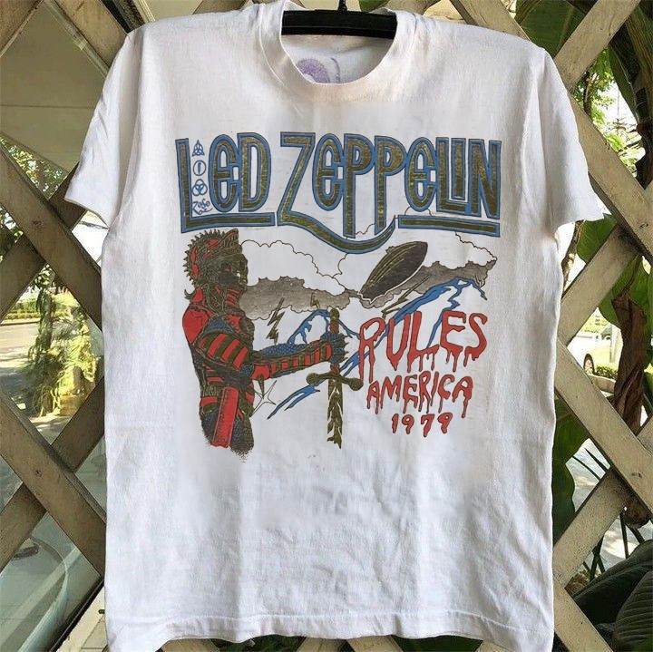 Reprint Led Zeppelin Rock band Unisex Rules America 1979 White T shirt ...