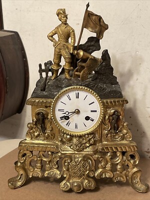 Antique French Statue Clock W/ Soldier & Cannon Silk Thread Movement ...