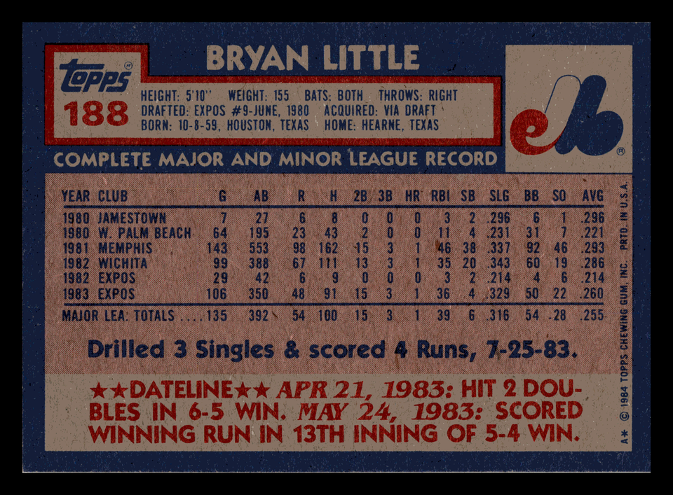 1984 Topps Bryan Little RC Rookie Montreal Expos #188 Centered Mint | eBay