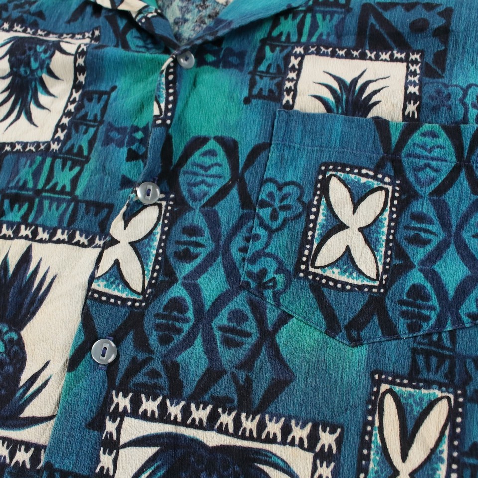 HUKILAU FASHIONS Hawaiian barkcloth tiki camp shirt LARGE tag vtg 60s ...