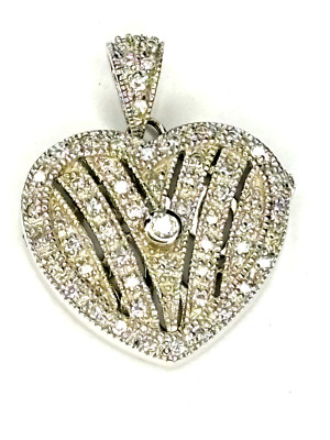 STERLING SILVER 925 PAVE DIAMOND OPENWORK HEART 2 SIDED LOCKET PENDANT ...