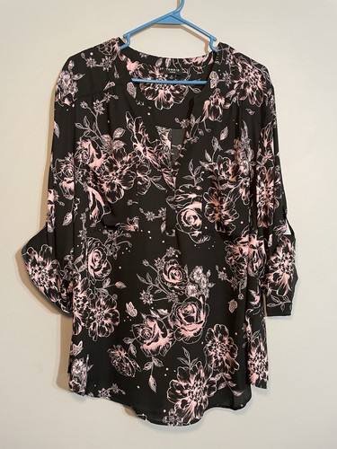 Torrid Black Pink Floral Button Blouse 3/4 Roll Tab Sleeve Women's Plus ...