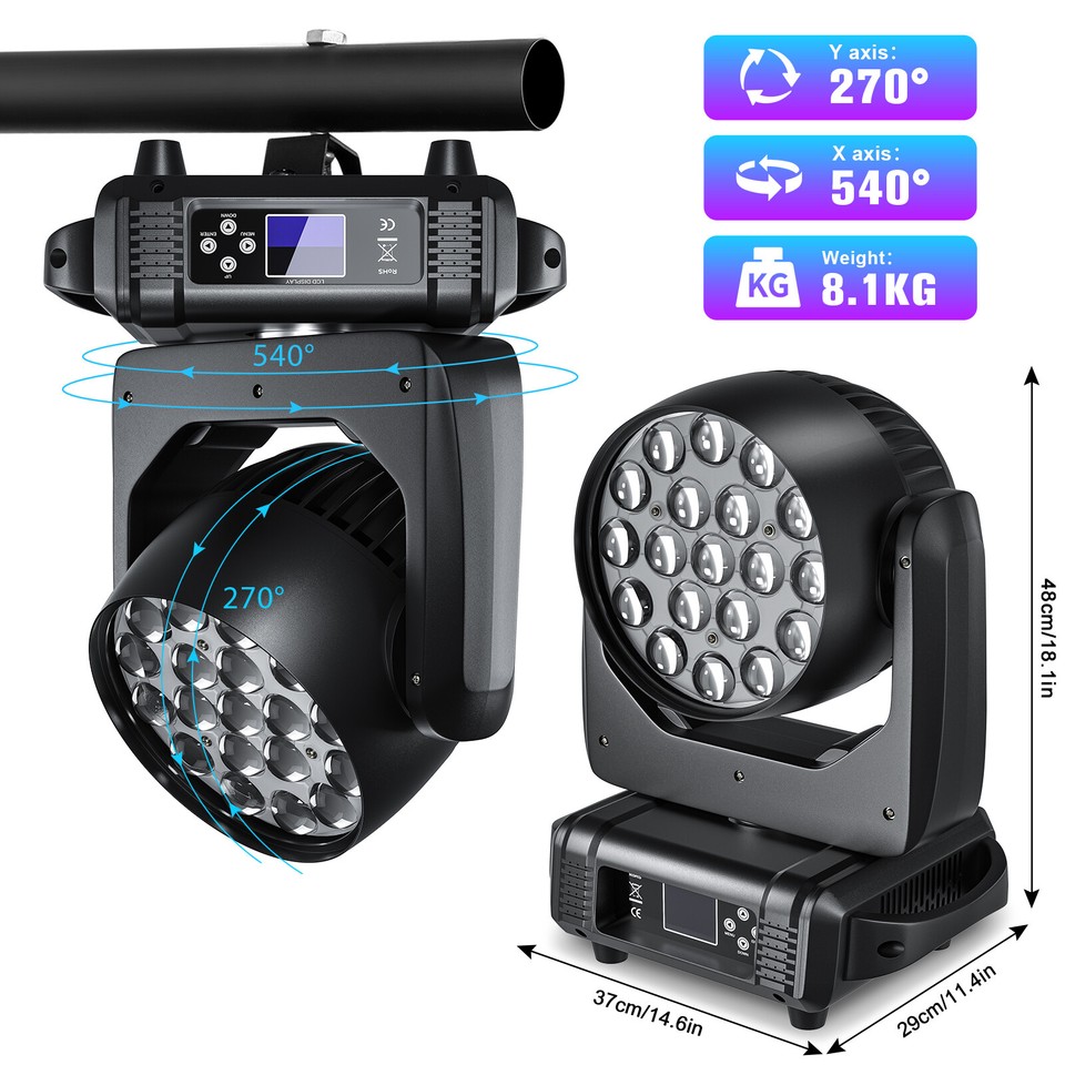 19x15W LED Zoom Moving Head Stage Light RGBW DMX Beam Wash Lighting DJ ...