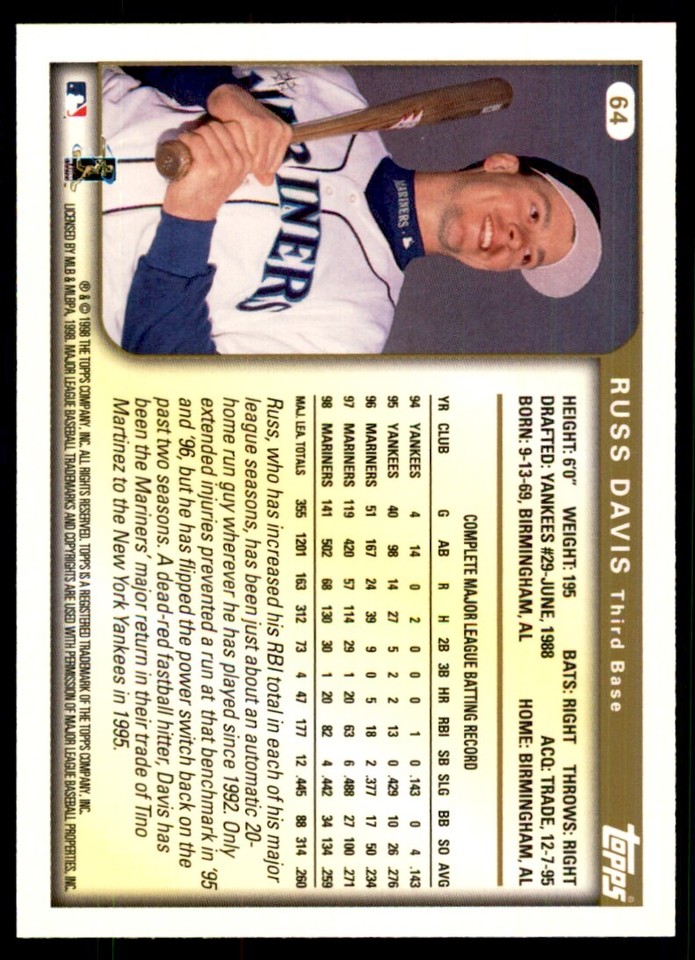 1999 Topps Baseball Card Russ Davis Seattle Mariners #64 | eBay