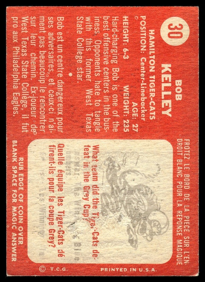 1958 Topps CFL BOB KELLEY #30 | eBay