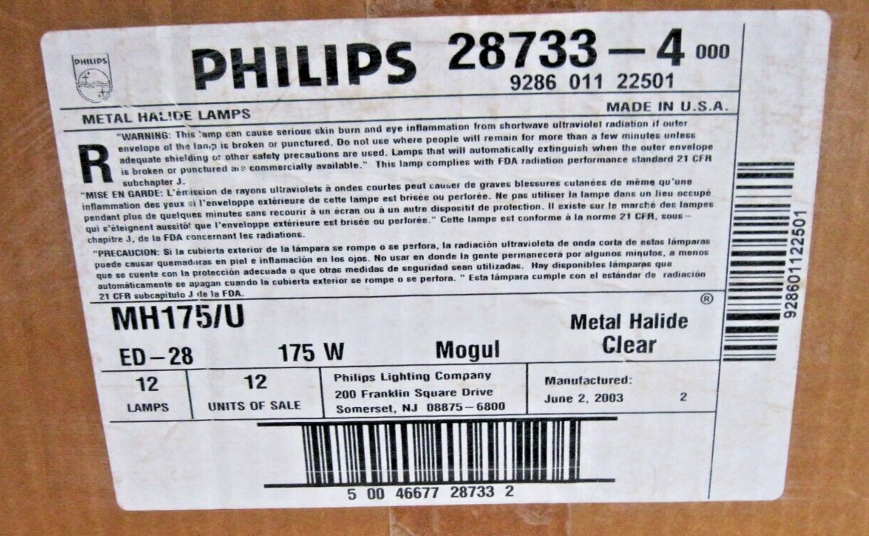 10 x Philips MH175/U ED28 E39 Metal Halide USA MADE HID 175W MH BULB ...