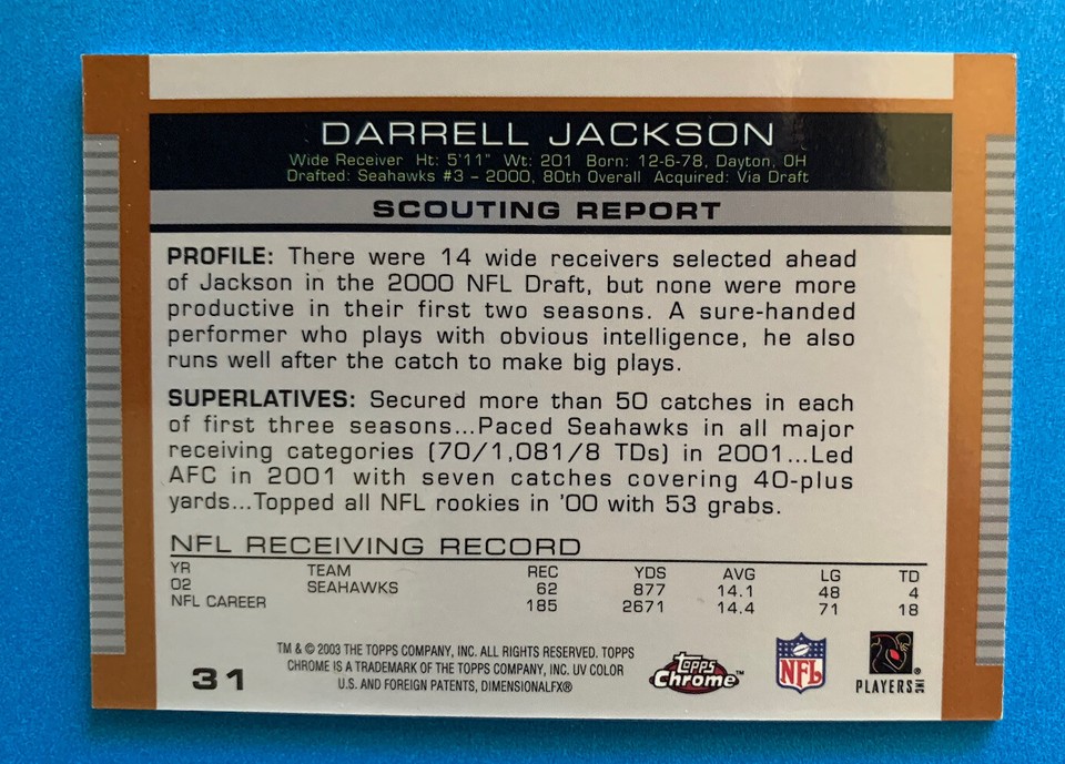 Darrell Jackson 2003 Topps Chrome Football Card #31 Seattle Seahawks WR ...