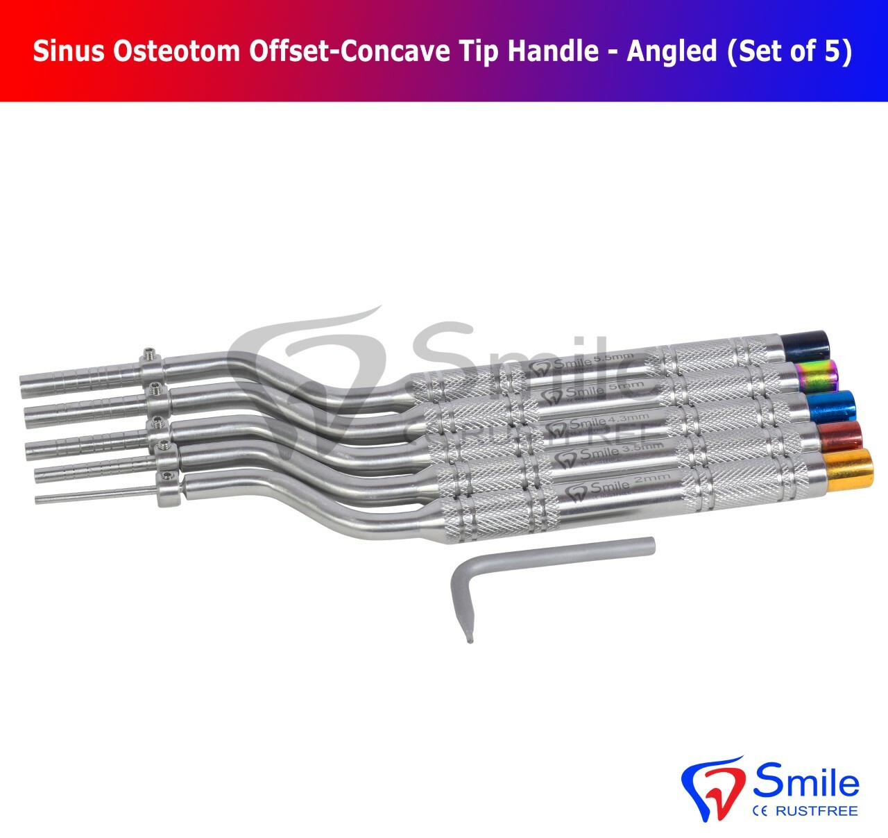 Osteotomes Set Of 5 Offset Angled -Concave 2.0mm - 3.4mm - 4.3mm - 5 ...