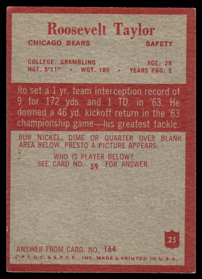 1965 Philadelphia Roosevelt Taylor Chicago Bears #25 | eBay