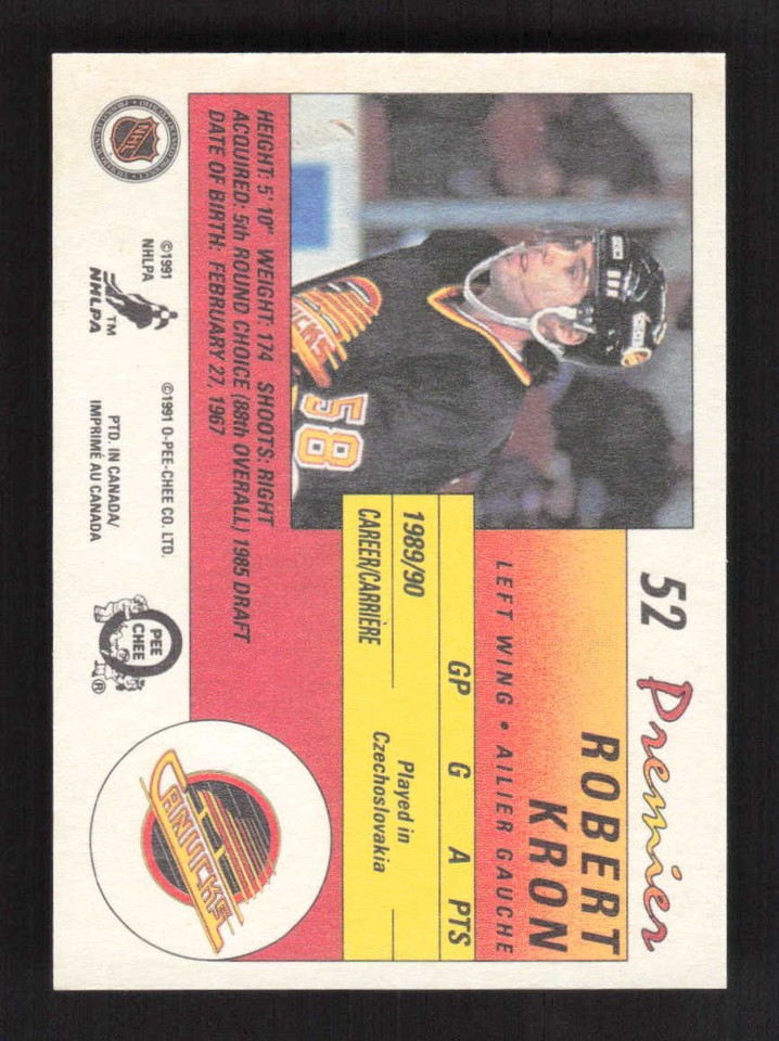 Robert Kron RC 1990 O-Pee-Chee Premier Vancouver Canucks #52 | eBay