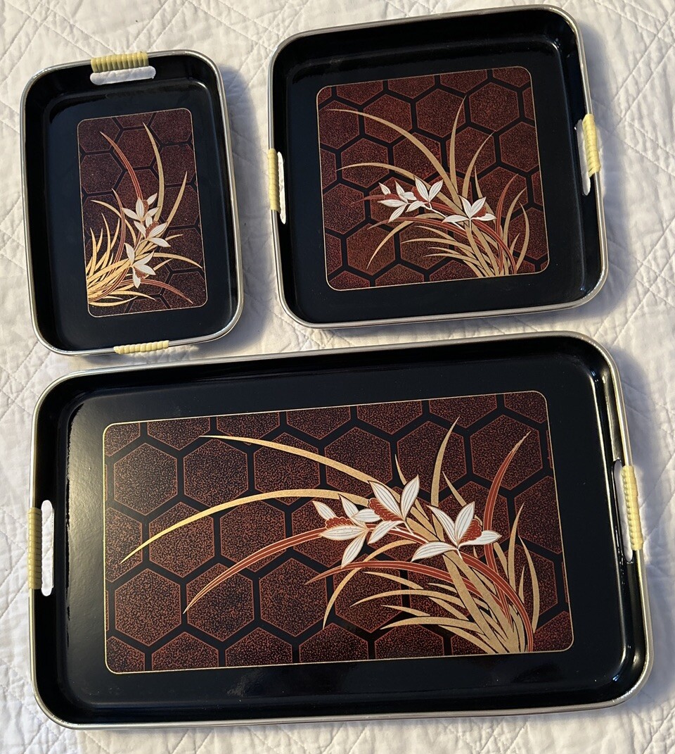 Vintage Black Lacquered Nested Serving Trays Set of 3 Made In Japan | eBay