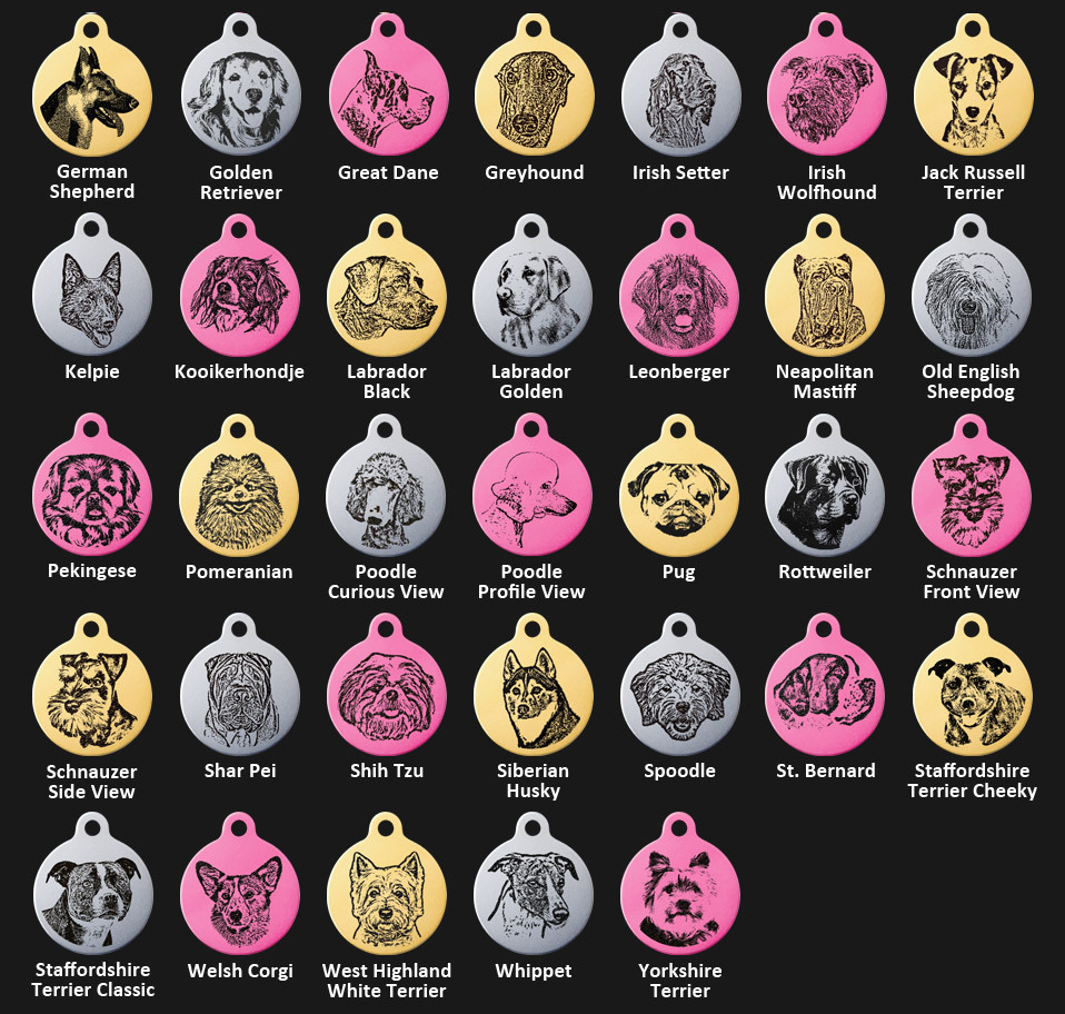 Popular Dog Breeds Pet ID Puppy Name Tag Personalised Engraved Round ...