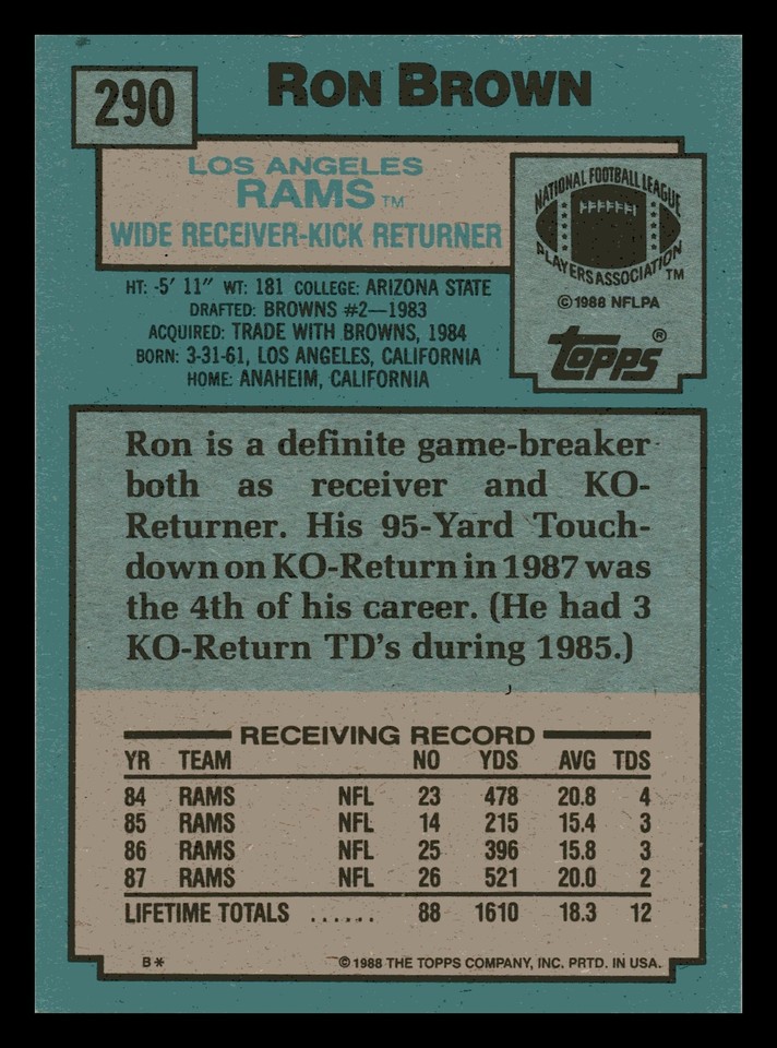 1988 Topps Ron Brown #290 Los Angeles Rams Mint | eBay